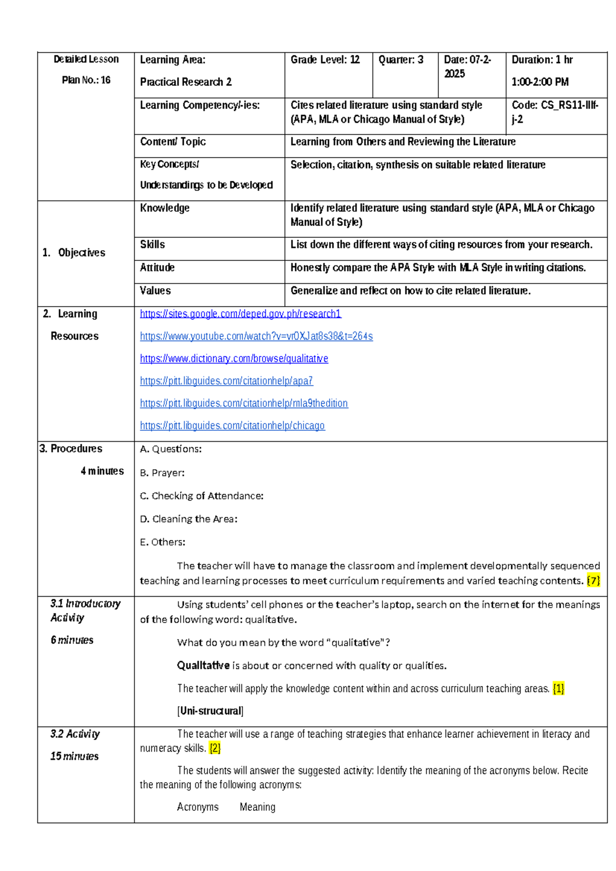 Practical Research 2 Lesson Plan No. 16: Citing Literature in APA, MLA ...