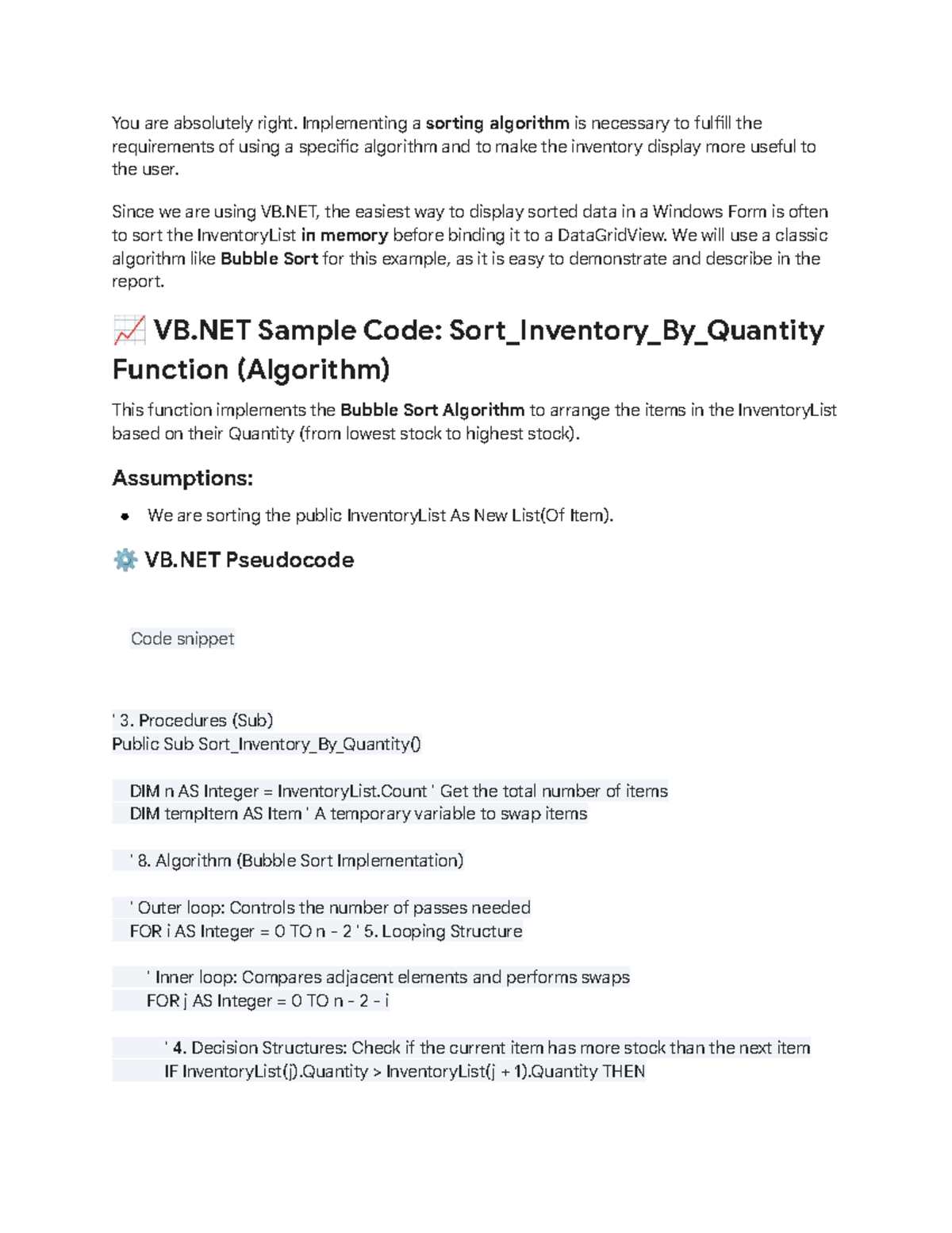 VB.NET Project: Implementing Bubble Sort for Inventory Management - Studocu