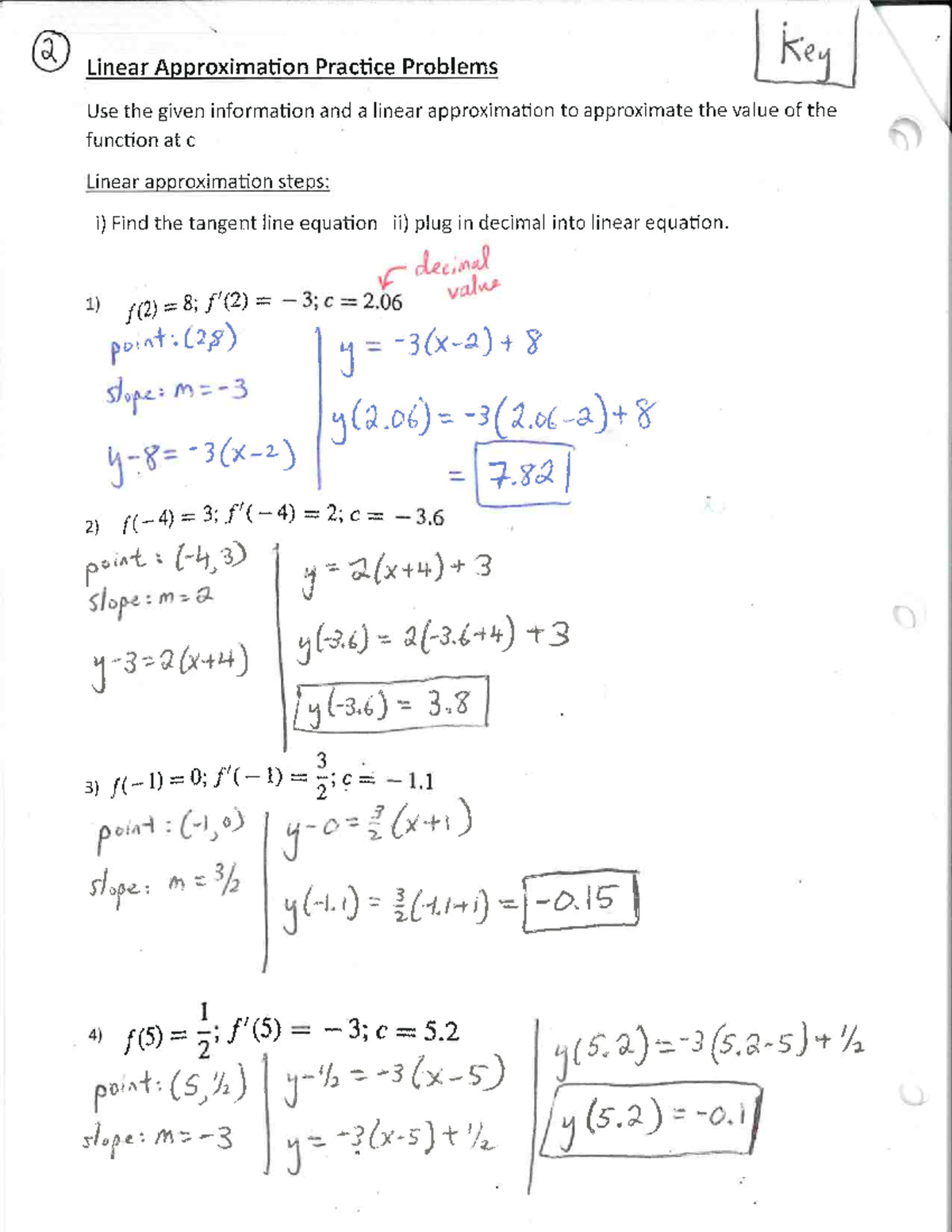 MATH 4 - Linear Approximation Practice Problems Key Notes - Studocu