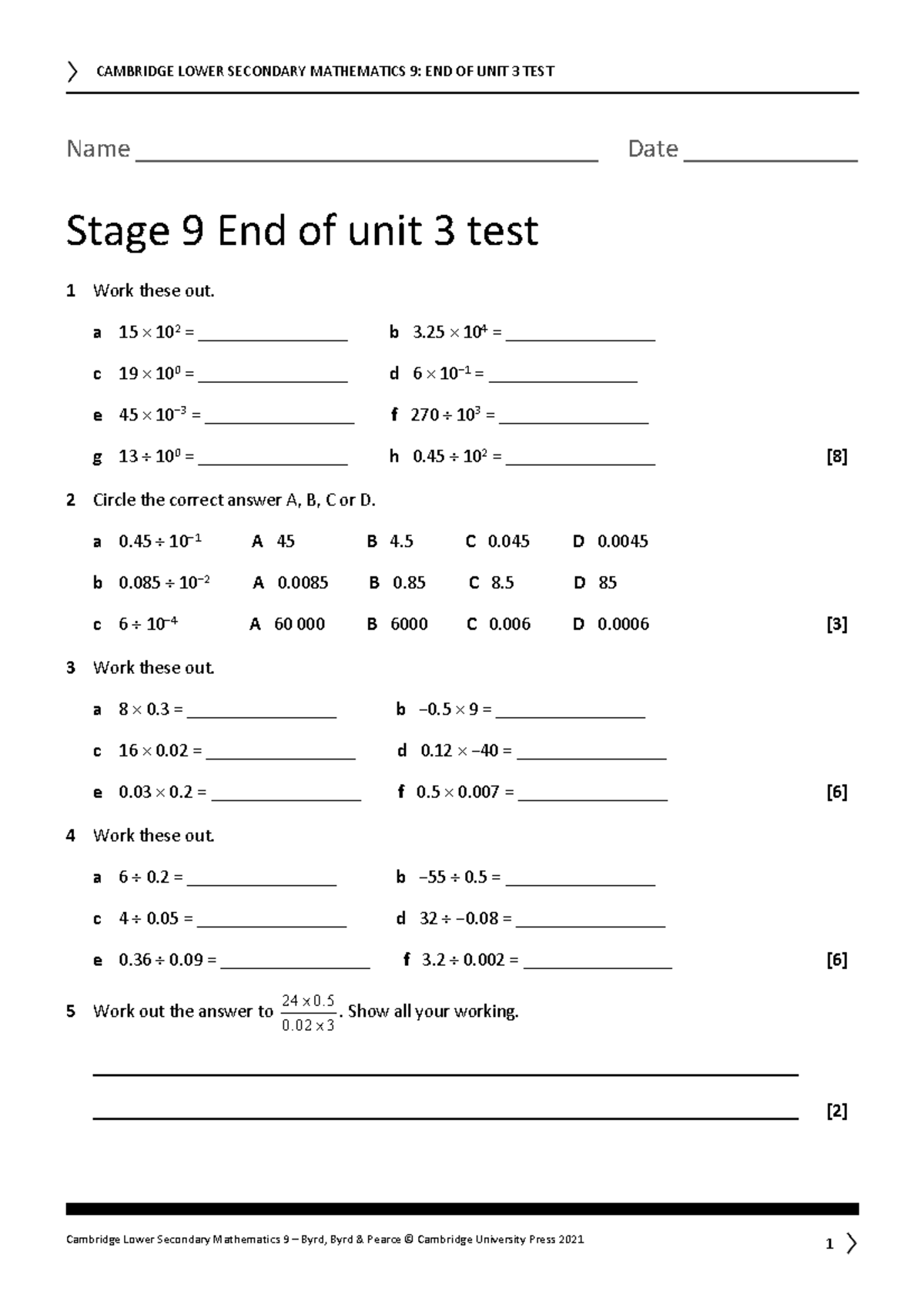 CAMBRIDGE LOWER SECONDARY MATHEMATICS 9: UNIT 3 END-OF-UNIT TEST - Studocu