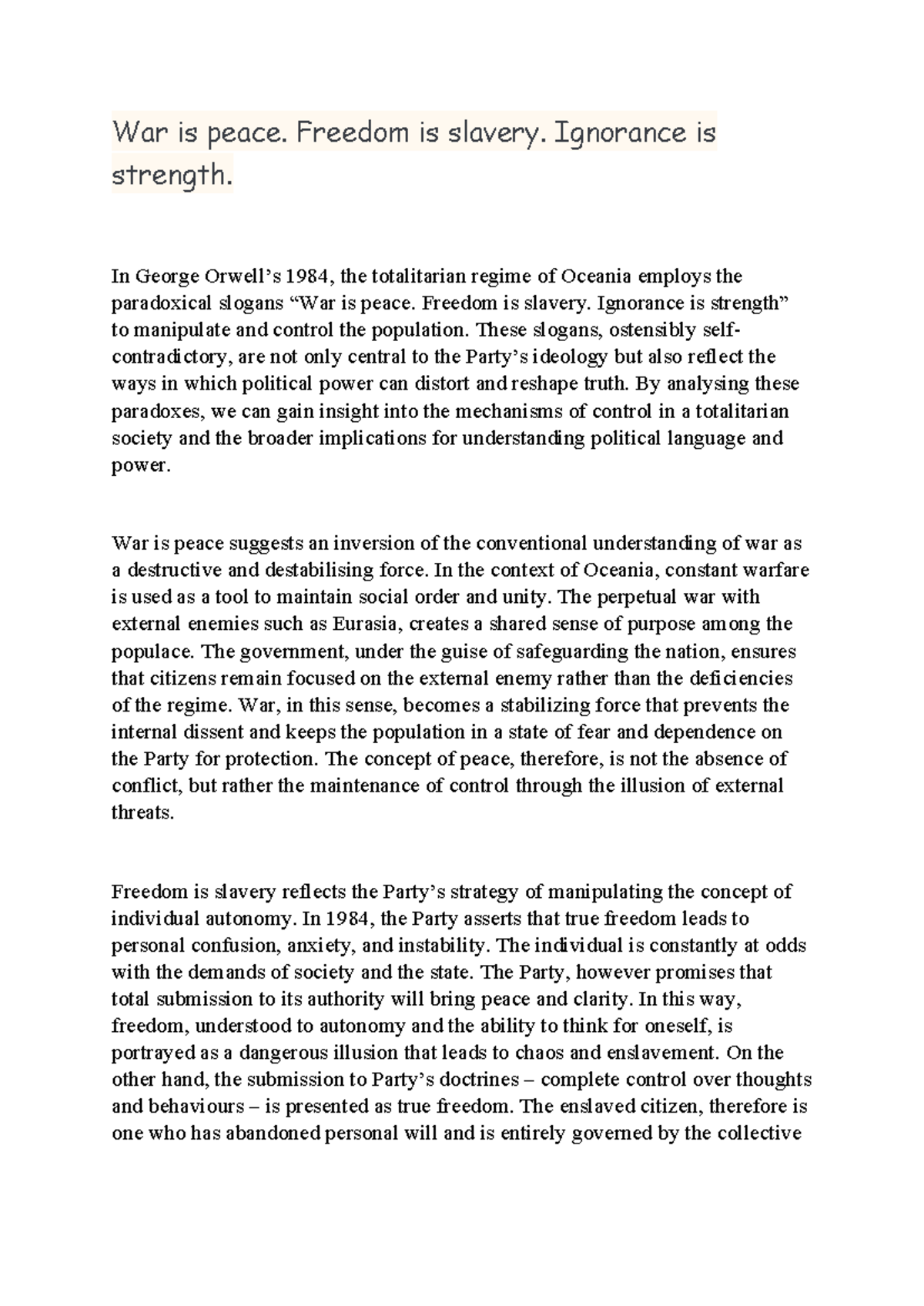 Analyzing Paradoxical Slogans in Orwell's 1984: Control Mechanisms ...