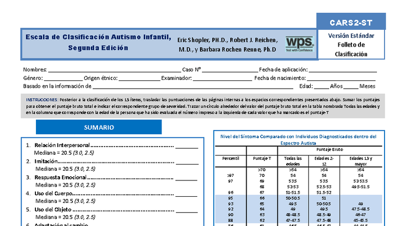 CARS 2 ST: Escala de Clasificación del Autismo Infantil, 2ª Ed. - Studocu