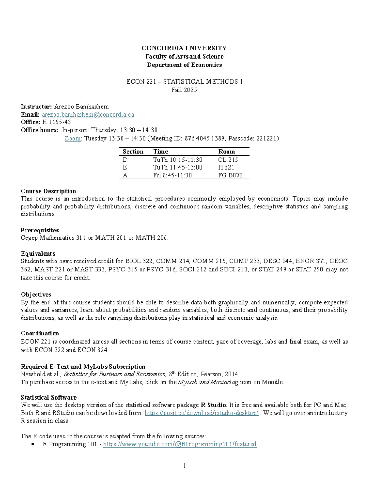 ECON 221 Statistical Methods I Course Outline - Fall 2025 - Studocu
