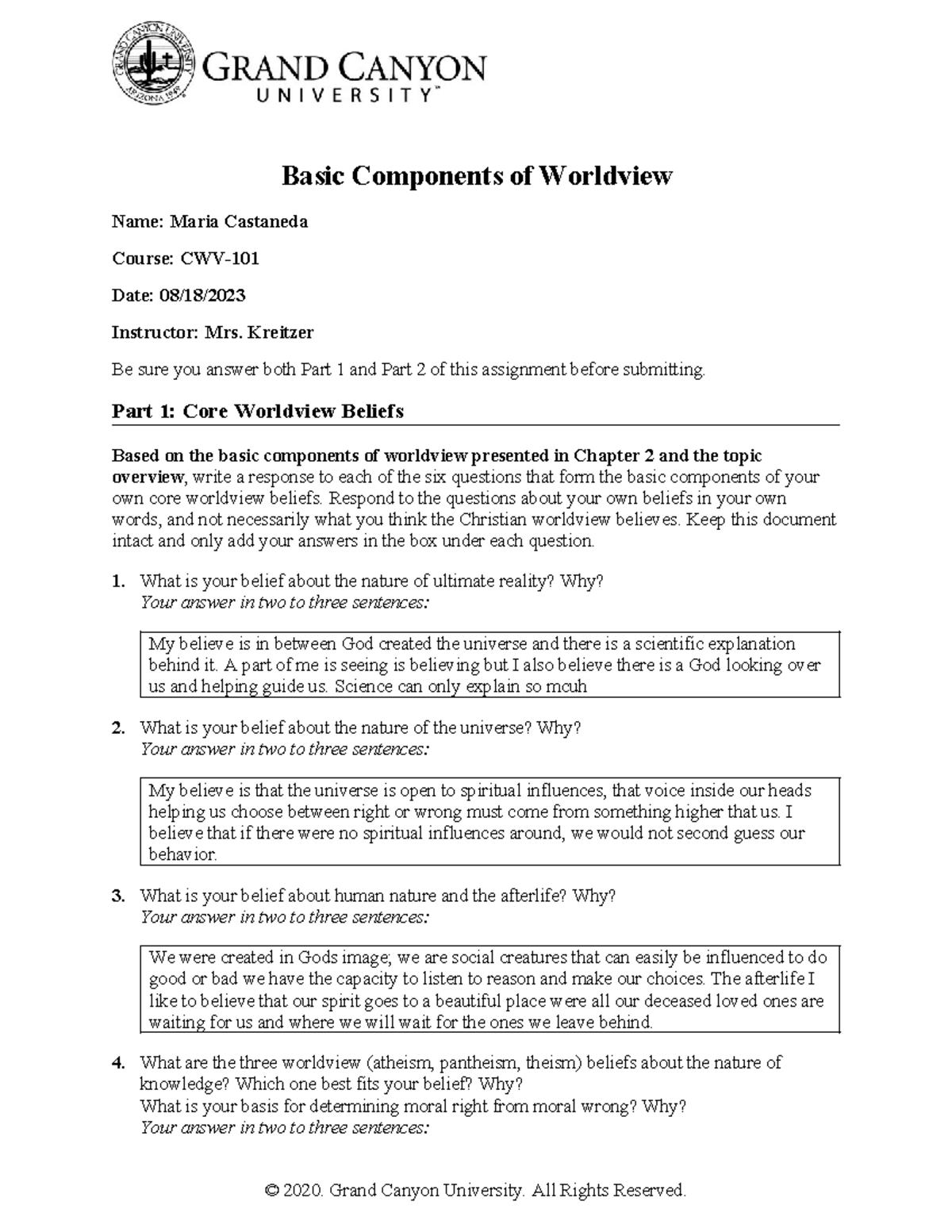 CWV 101 301 RS T1: Core Beliefs and Evaluation of Personal Worldview ...