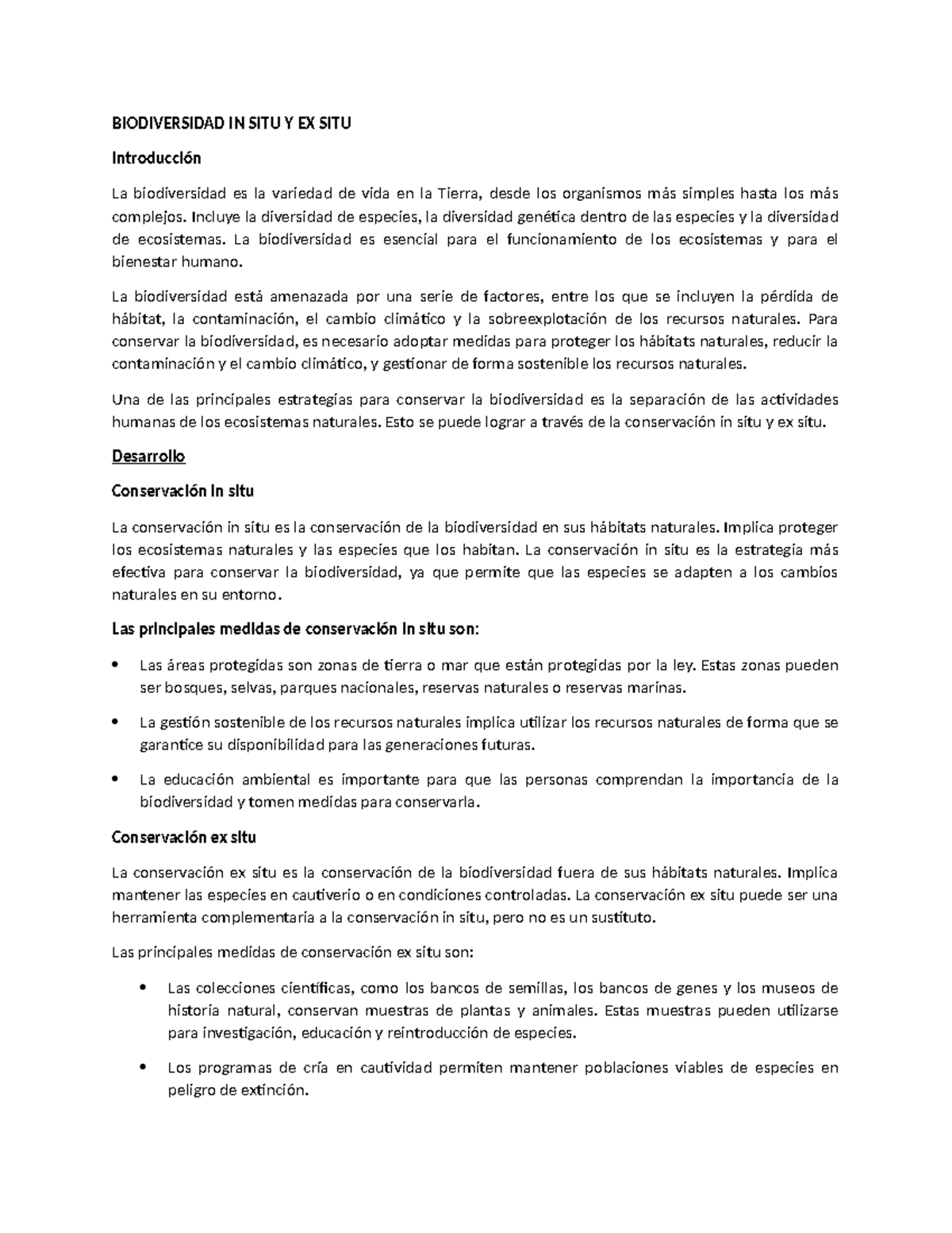 Conservación de la Biodiversidad: In Situ y Ex Situ - Studocu
