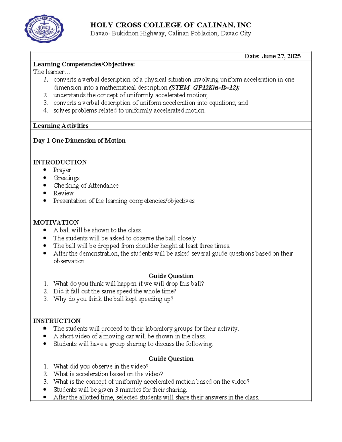 Padin - (3i's-LP) One Dimension of Motion Lesson Plan - Studocu