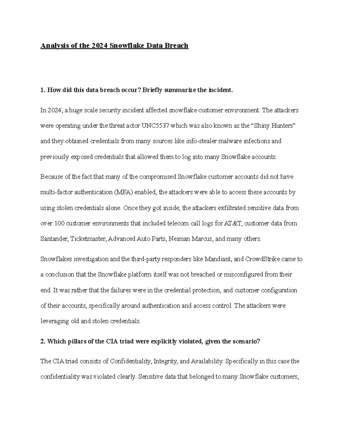 Analysis of the 2024 Snowflake Data Breach: Causes & Controls - Studocu