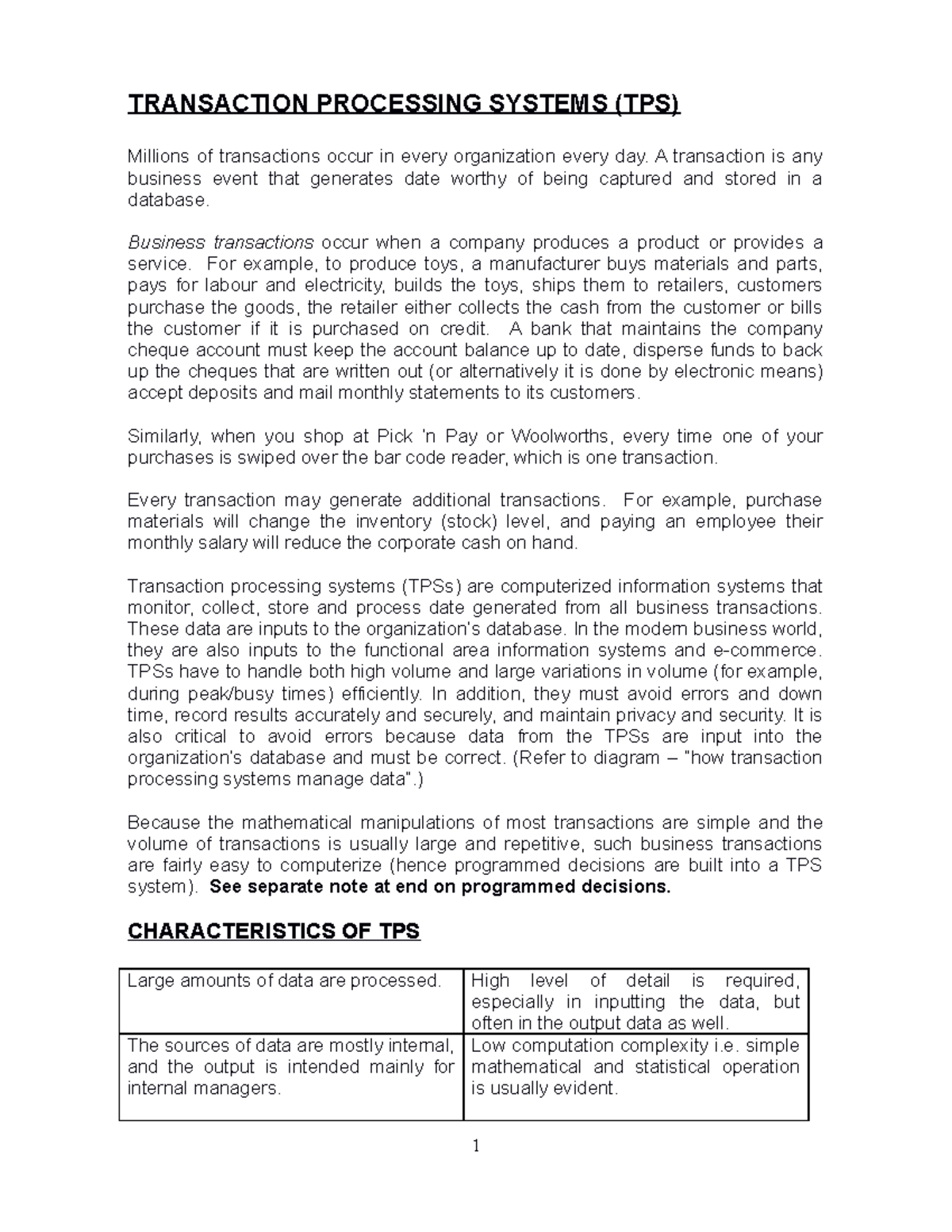 2022 TPS System - TPS Notes - TRANSACTION PROCESSING SYSTEMS (TPS ...