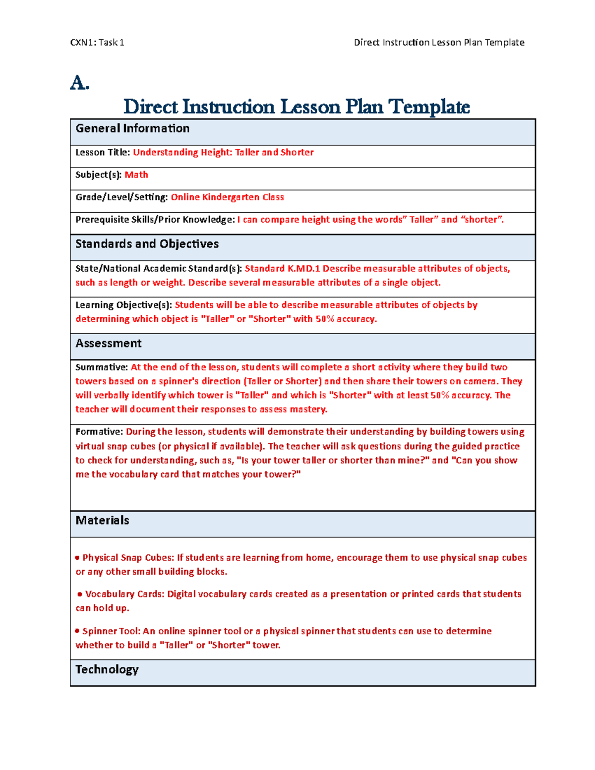 Math Lesson plan Task 2 - passed first time - A. Direct Instruction ...