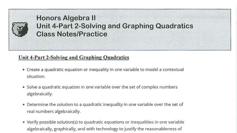 Honors Algebra II Final Exam: Quadratics Unit Notes and Solutions - Studocu