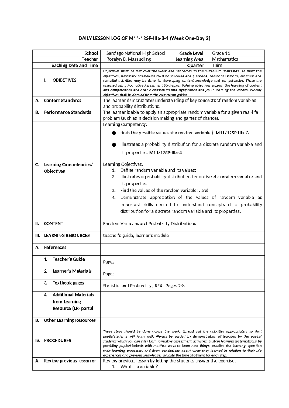 DAILY LESSON LOG: Week 2 - Grade 11 Math (SP III-2) - Studocu