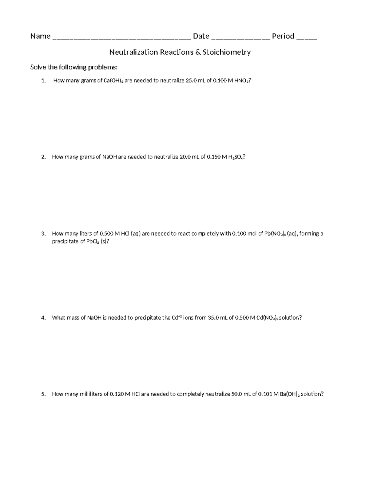 Neutralization Reactions Stoichiometry Problems - Chem 101 - Studocu