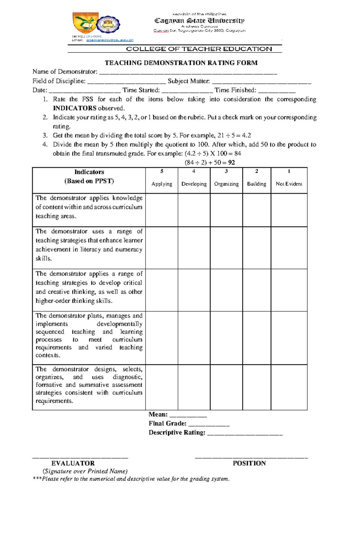 PPST Demo Teaching Rating Sheet for Evaluation and Grading - Studocu
