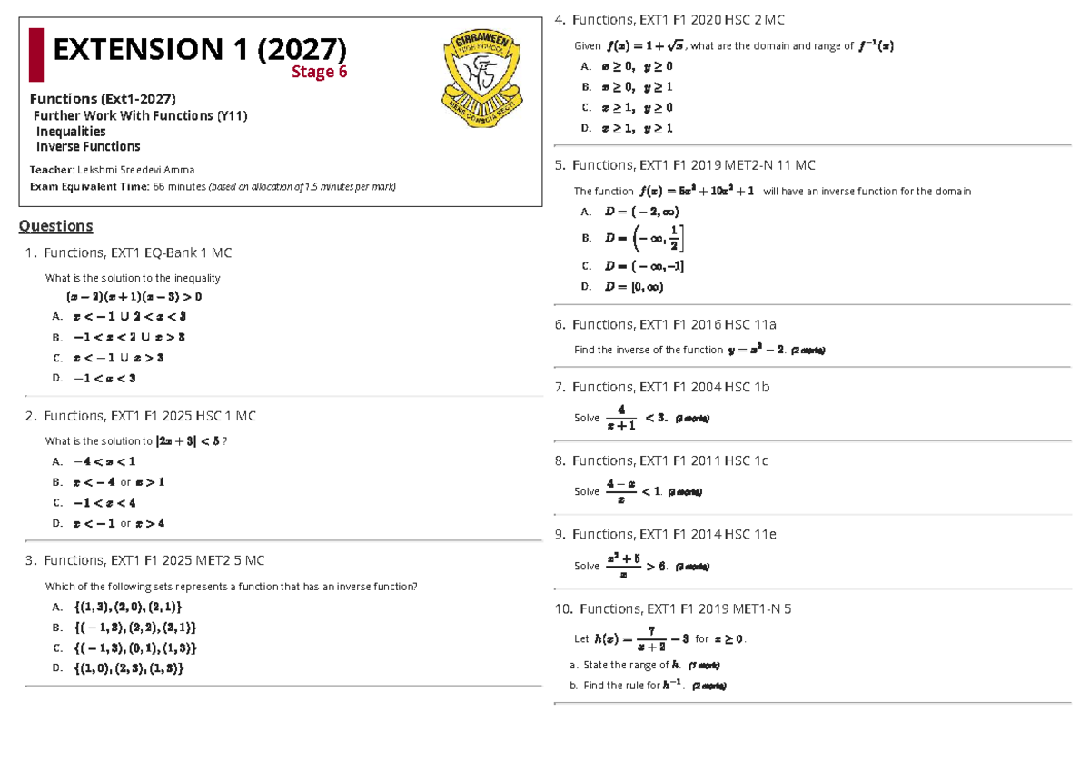 EXT1 2027 Stage 6 Functions: Inverse Functions & Inequalities Exam ...