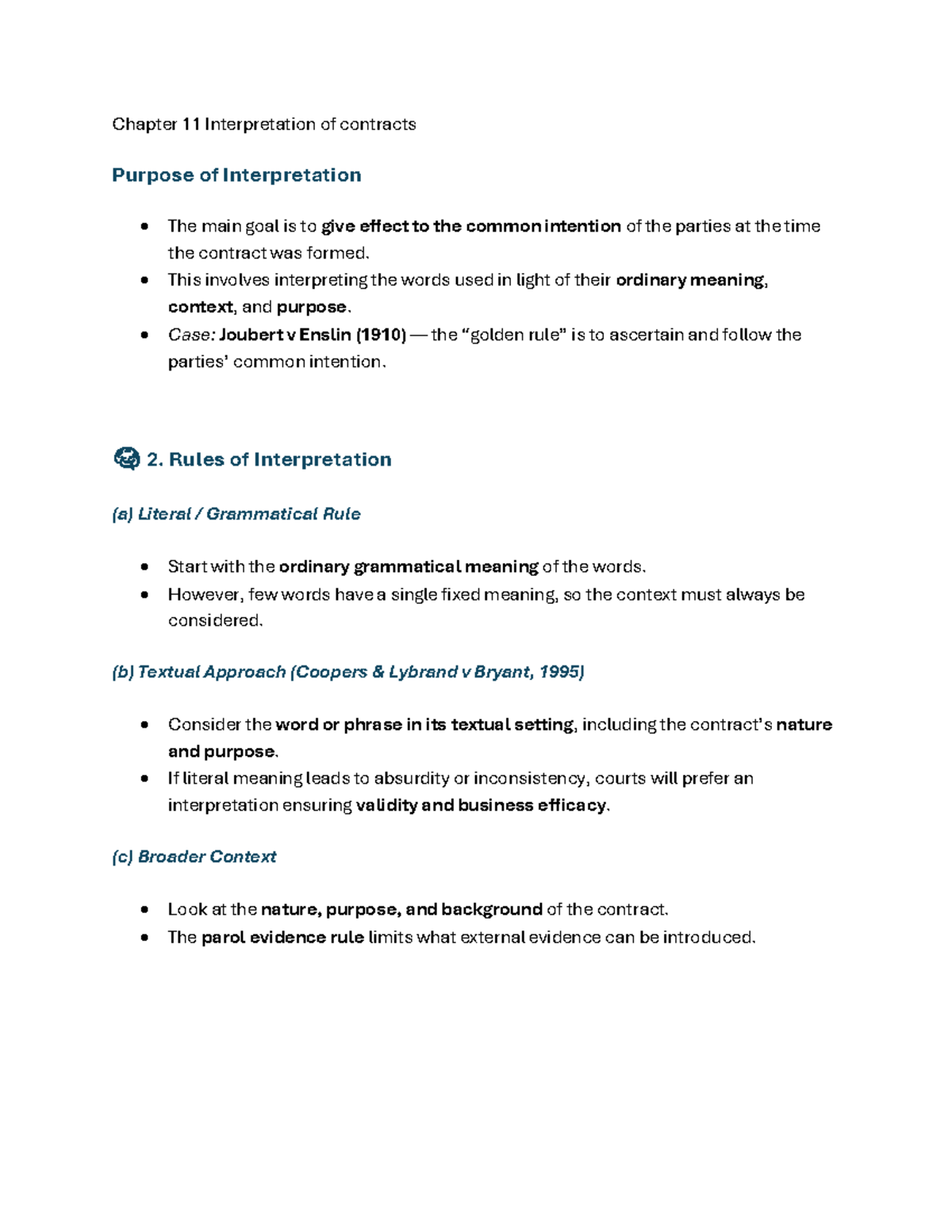 Chapter 11: Interpretation of Contracts - Key Principles & Rules - Studocu