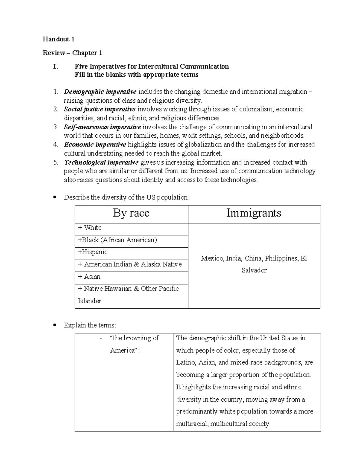Handout 1 - Chapter 1 Review for Midterm Exam on Intercultural ...