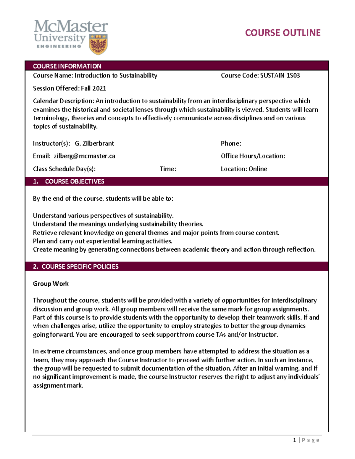 SUSTAIN 1S03 Introduction to Sustainability Course Outline 2021 - Studocu