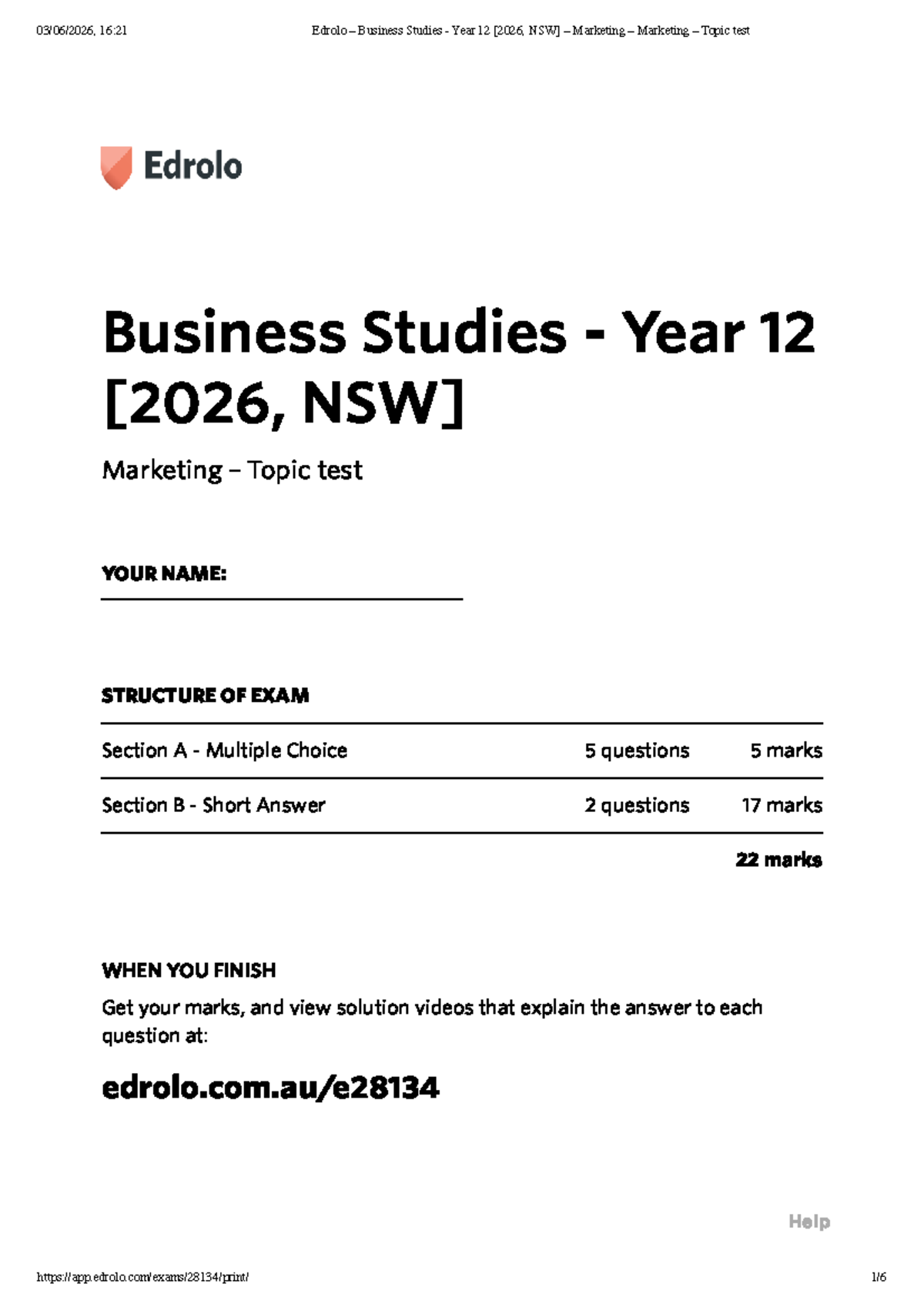 Edrolo Business Studies Year 12 Marketing Topic Test 2026 - Studocu
