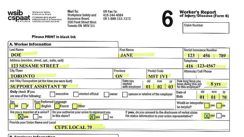 WSIB Form 6 Submission Example - Workplace Safety Report - Studocu
