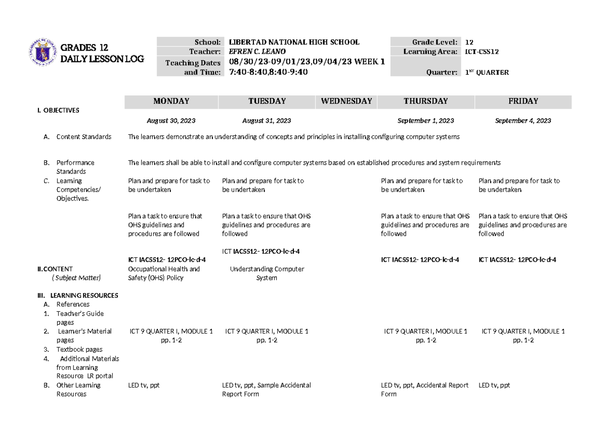 DLL TLE 9 Q1 W2 - Lesson Plan for ICT Occupational Safety - Studocu