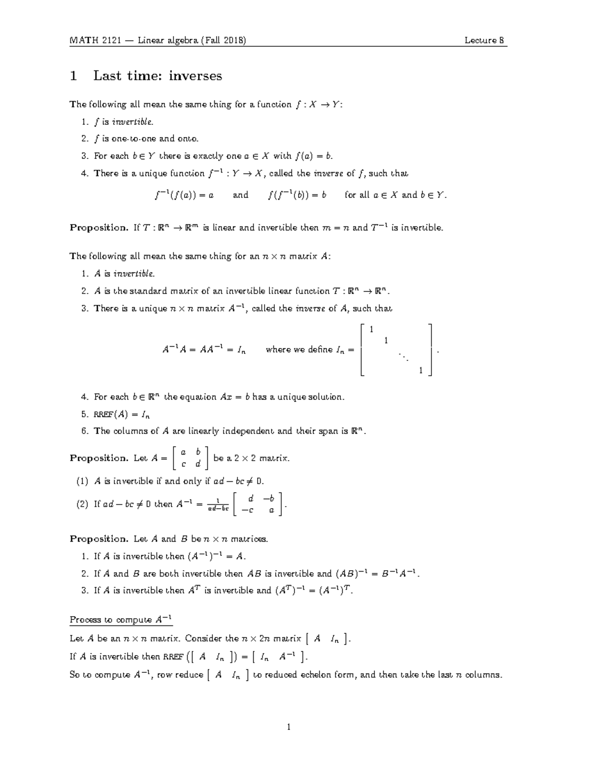 MATH 2121 Fall 2018 - Lecture 8: Inverses and Linear Independence - Studocu