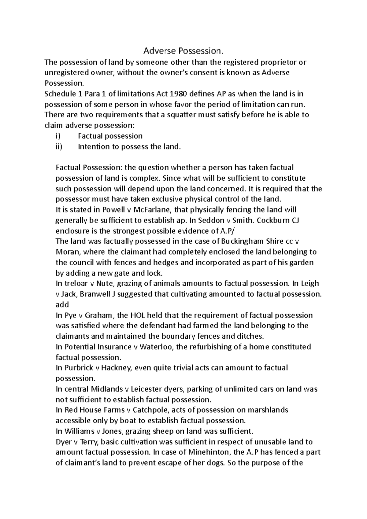 Adverse Possession: Key Elements and Case Law Analysis - Studocu