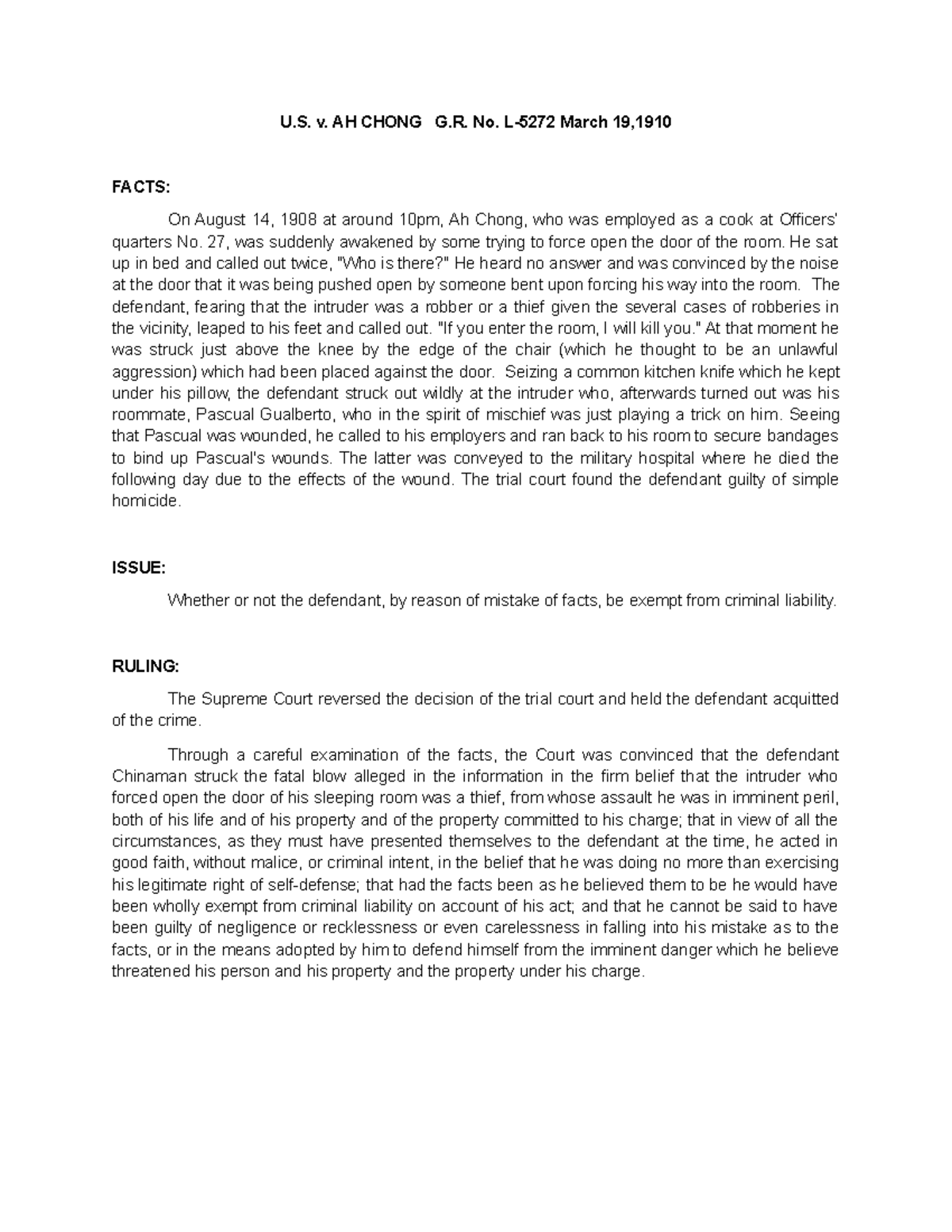 US v. Ah Chong Case Digest: Ruling on Mistake of Fact in Homicide - Studocu