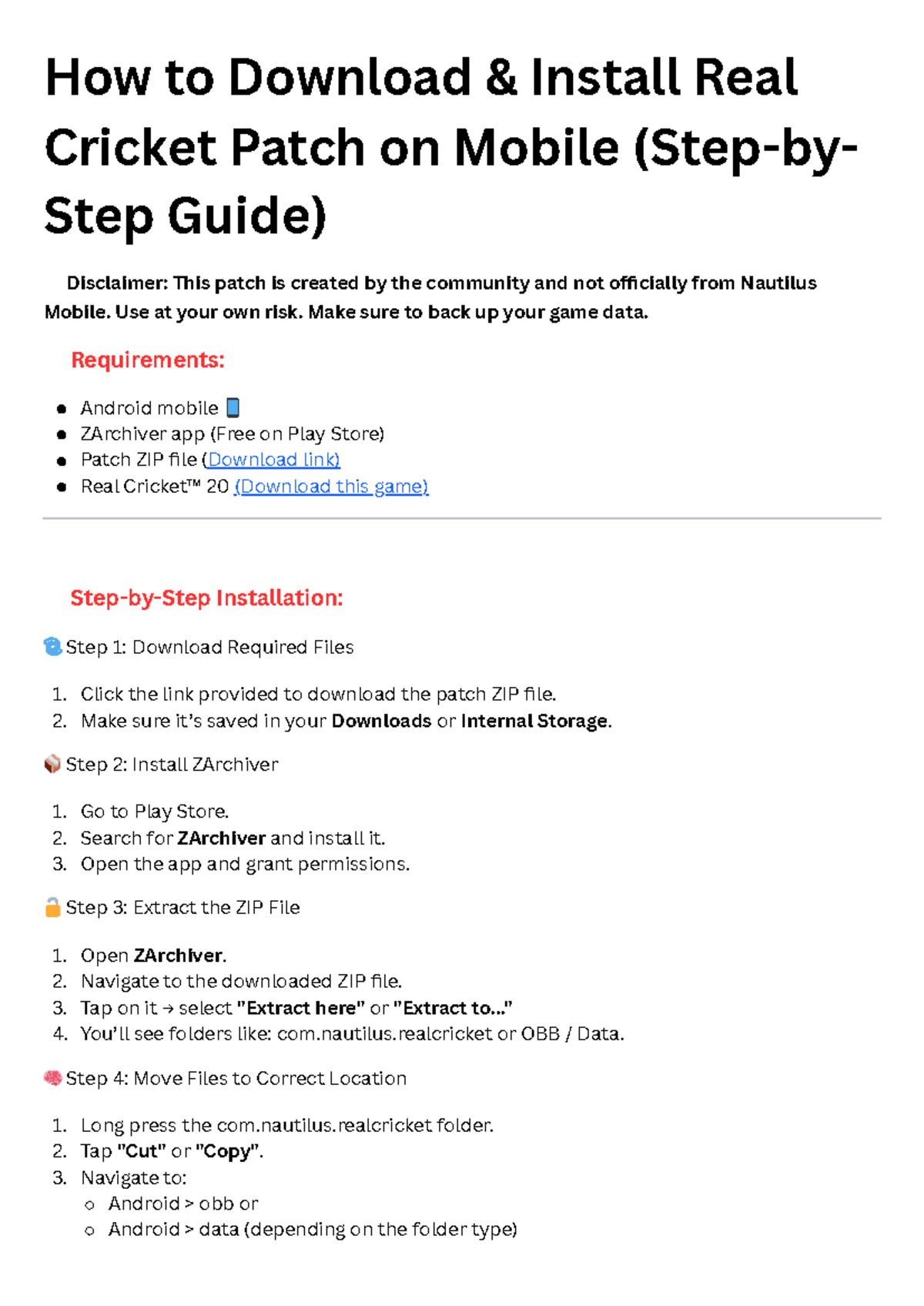 Real Cricket Patch Installation Guide for Mobile Users - Studocu