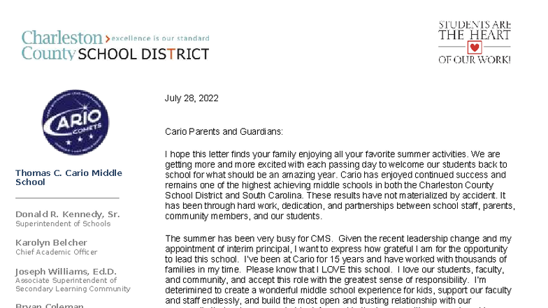 Back to School Info: Cario Parent Summer Letter 2022 - Studocu