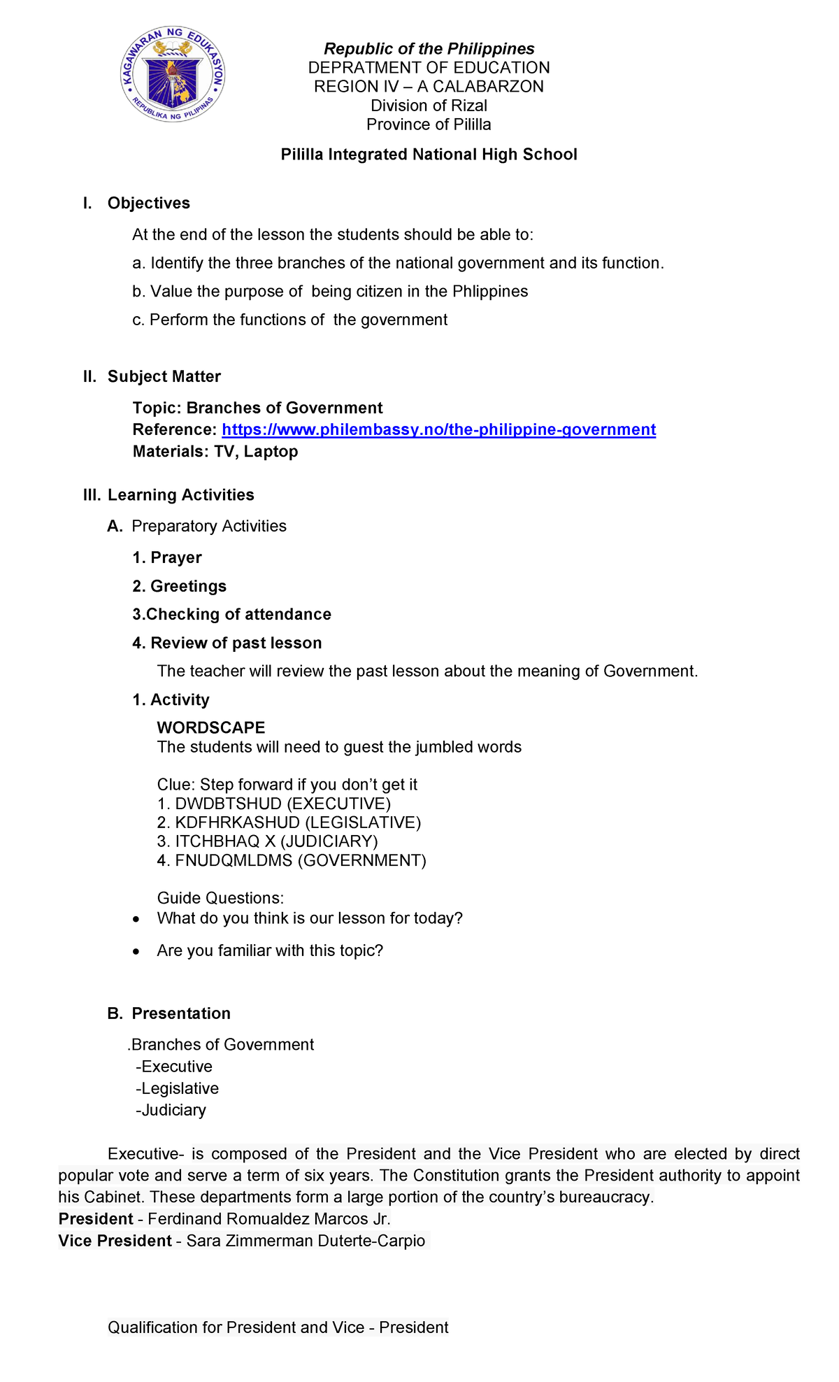 POLITICS LP - Branches of Government Lesson Plan by R. Ramirez - Studocu
