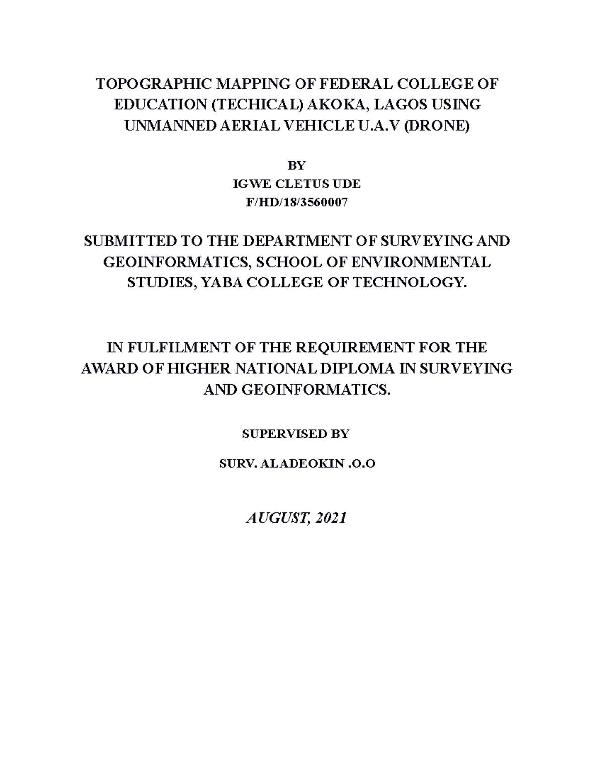 Topographic Mapping of Federal College of Education (Technical) Akoka ...