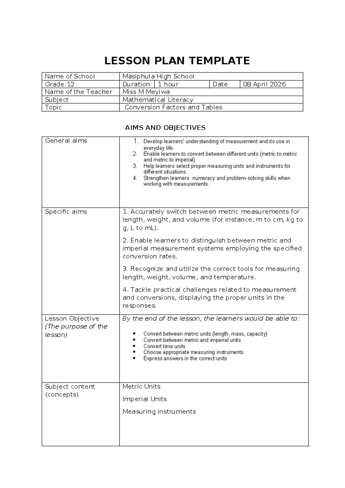 Mathematical Literacy Lesson Plan: Conversion Factors & Tables (Grade ...