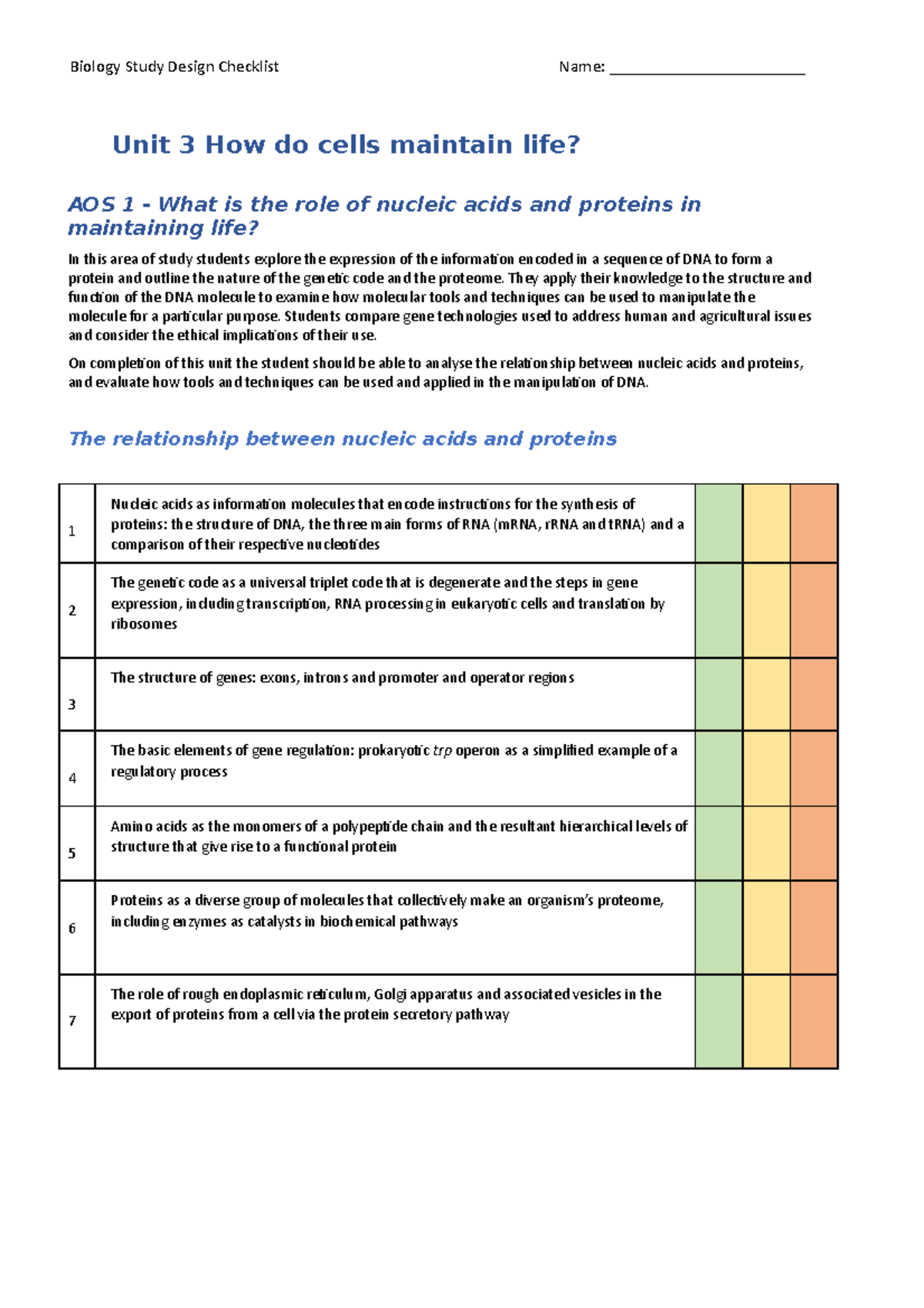 VCE Biology Units 3/4 Study Design Checklist 2022-2026 - Studocu