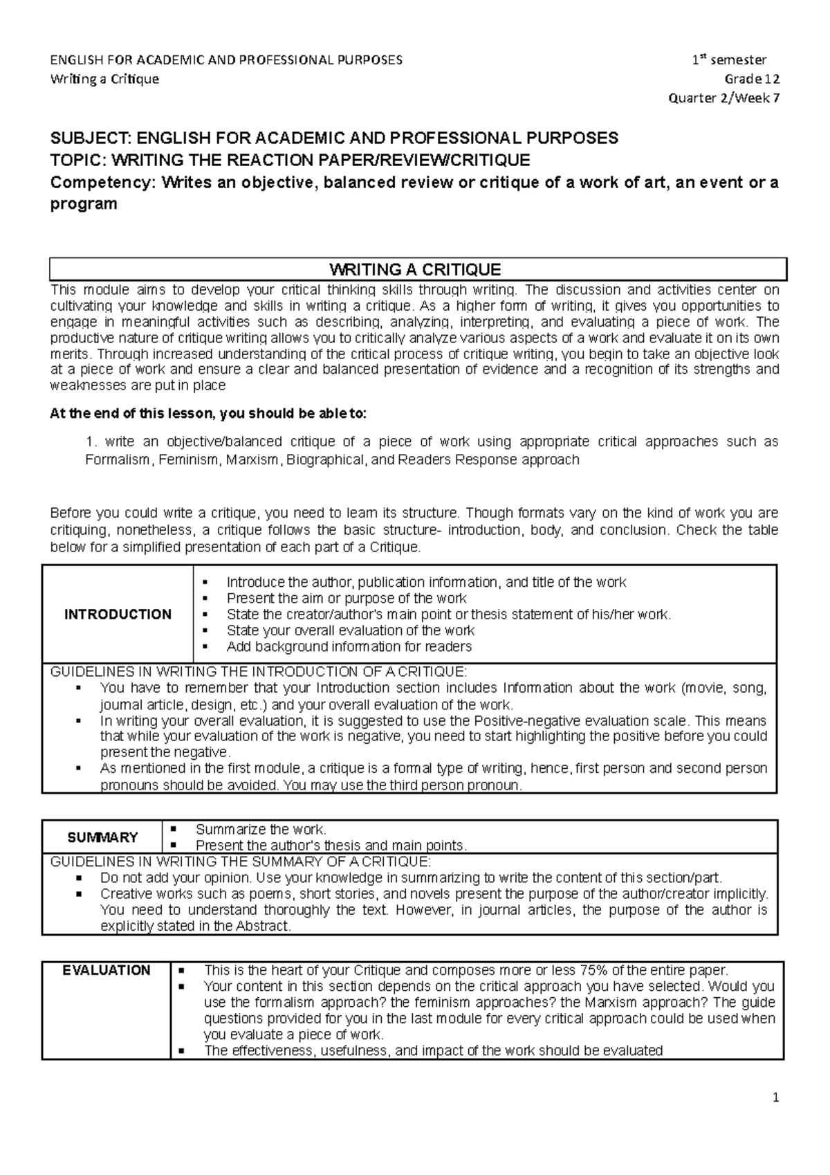 EAPP - WEEK 7 Handout: Writing a Balanced Critique Guide - Studocu