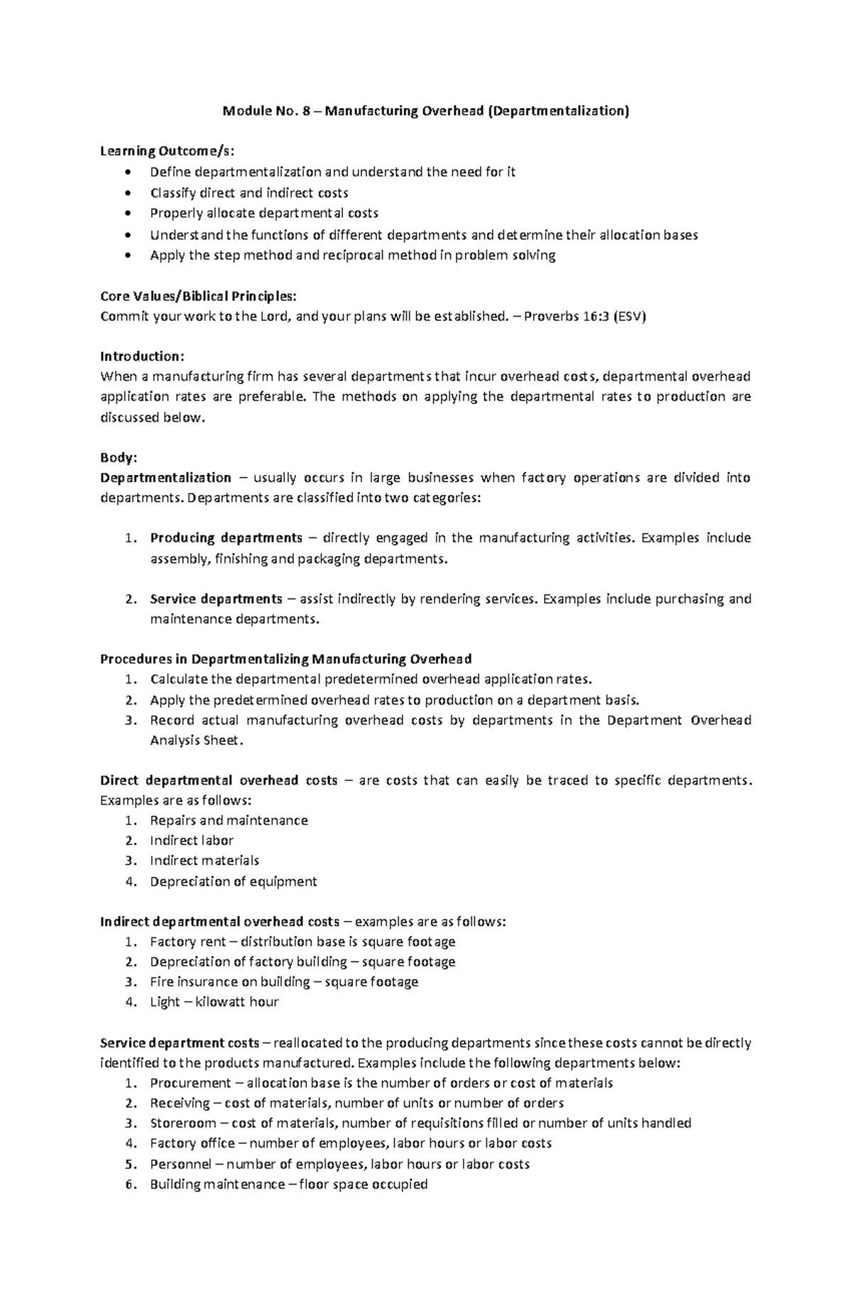 Module 8: Manufacturing Overhead & Departmentalization Insights - Studocu