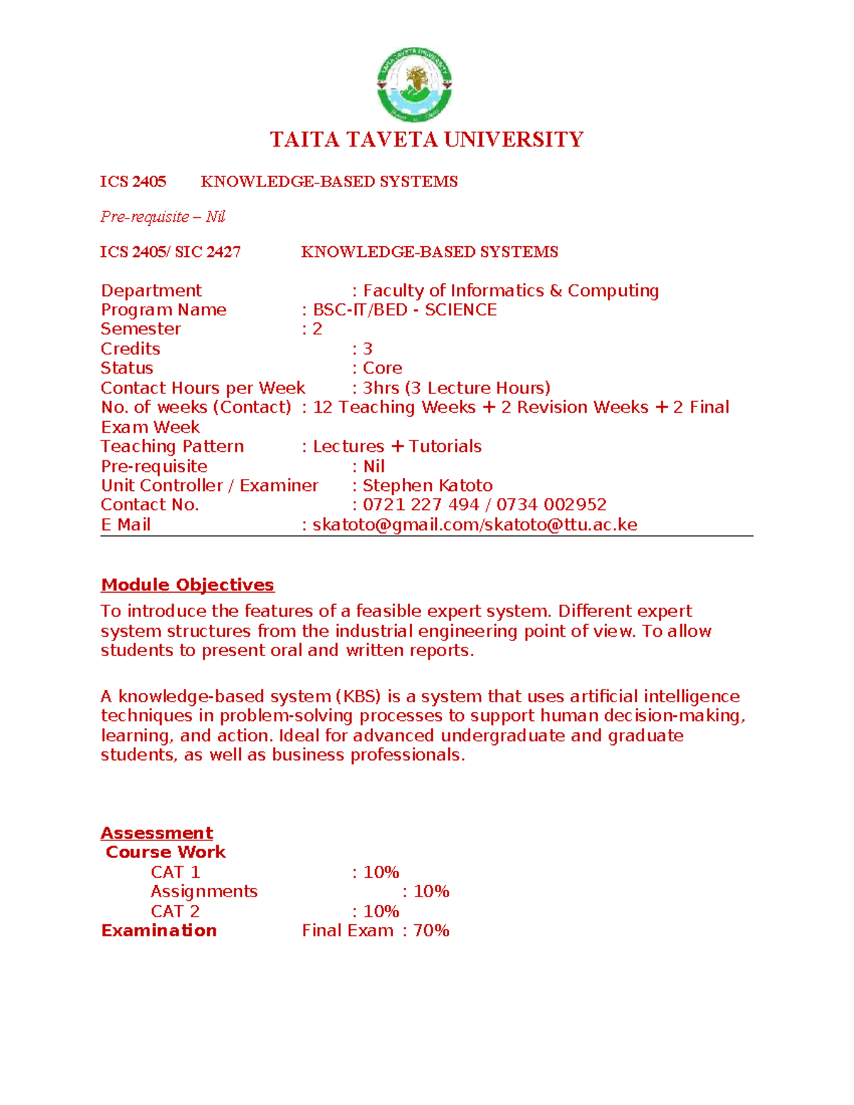 ICS 2405 Final Exam Course Outline: Knowledge-Based Systems - Studocu