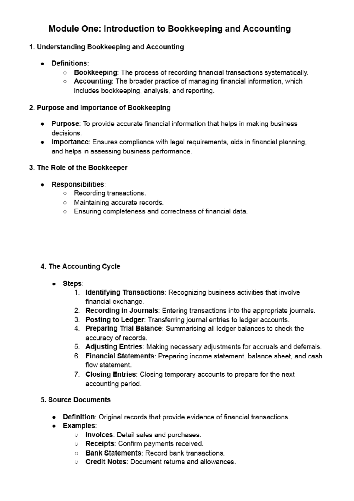 Module 1: Intro to Bookkeeping & Accounting Definitions and Cycle - Studocu
