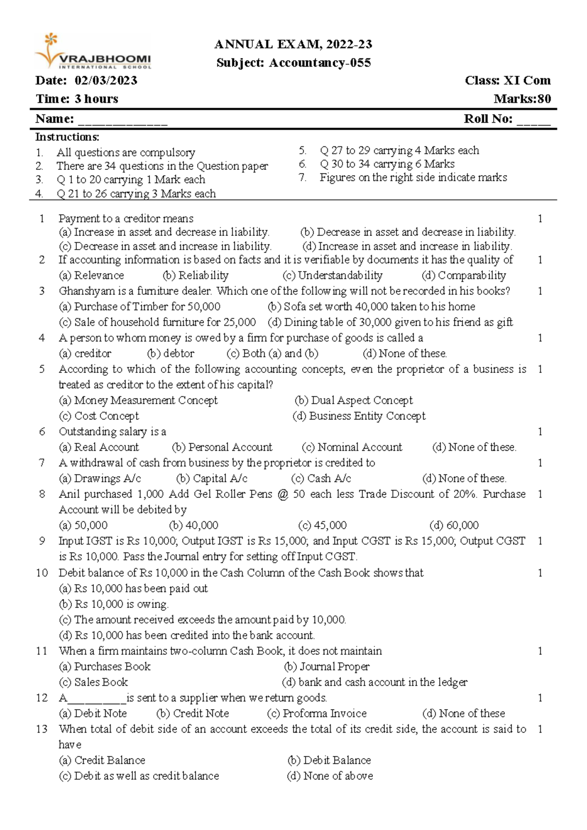 11C - Acc - Final Exam Paper 2022-23 - Class XI - Studocu