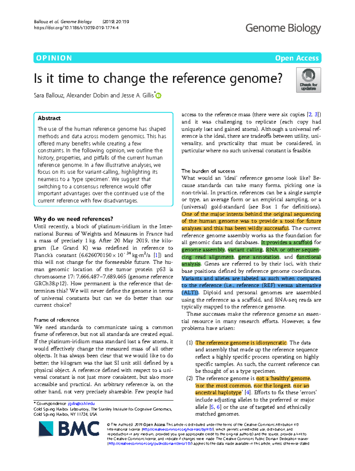 2019 Ballouz et al. Opinion on the Human Reference Genome - Studocu