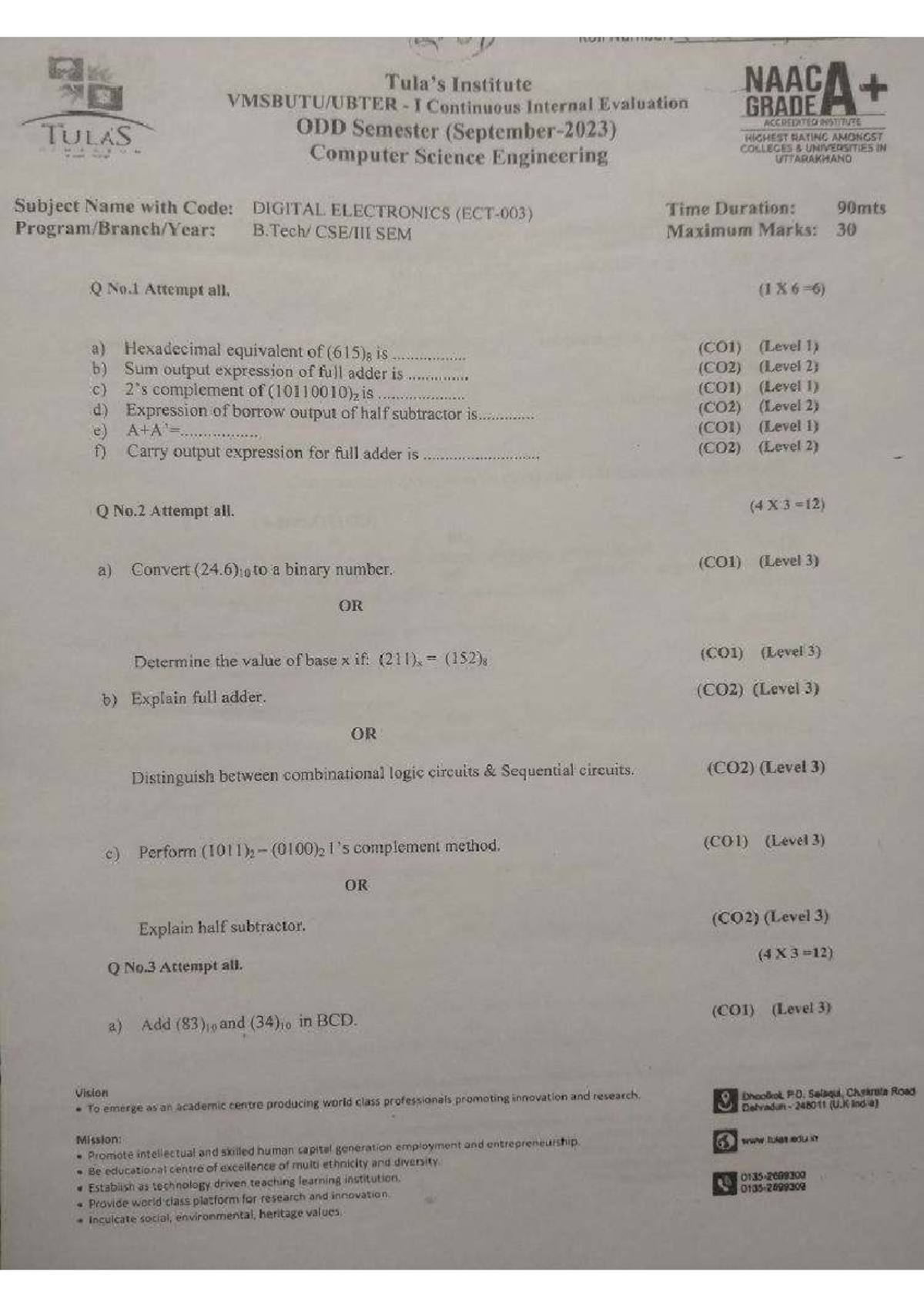 B.Tech CSE 2nd Year: All Question Papers for ODD Semester - Studocu