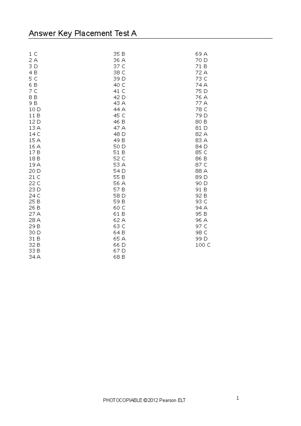 Placement Test A Key - cre; no one - Answer Key Placement Test A 1 C 35 ...