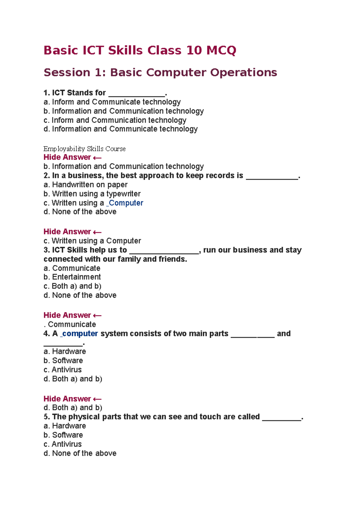 Basic ICT Skills Class 10 MCQ: Computer Operations & Maintenance - Studocu