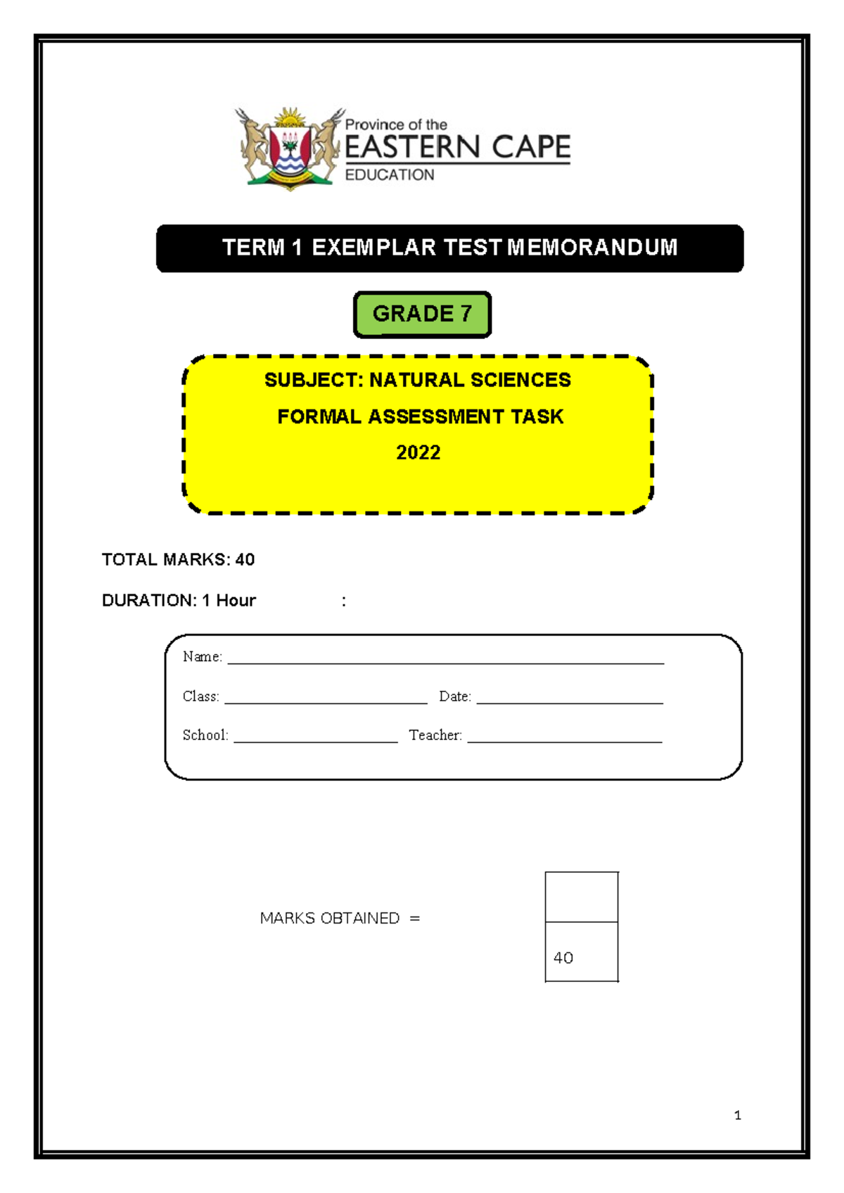 Grade 7 Natural Sciences 2022 Term 1 Test Memo - Total Marks: 40 - Studocu