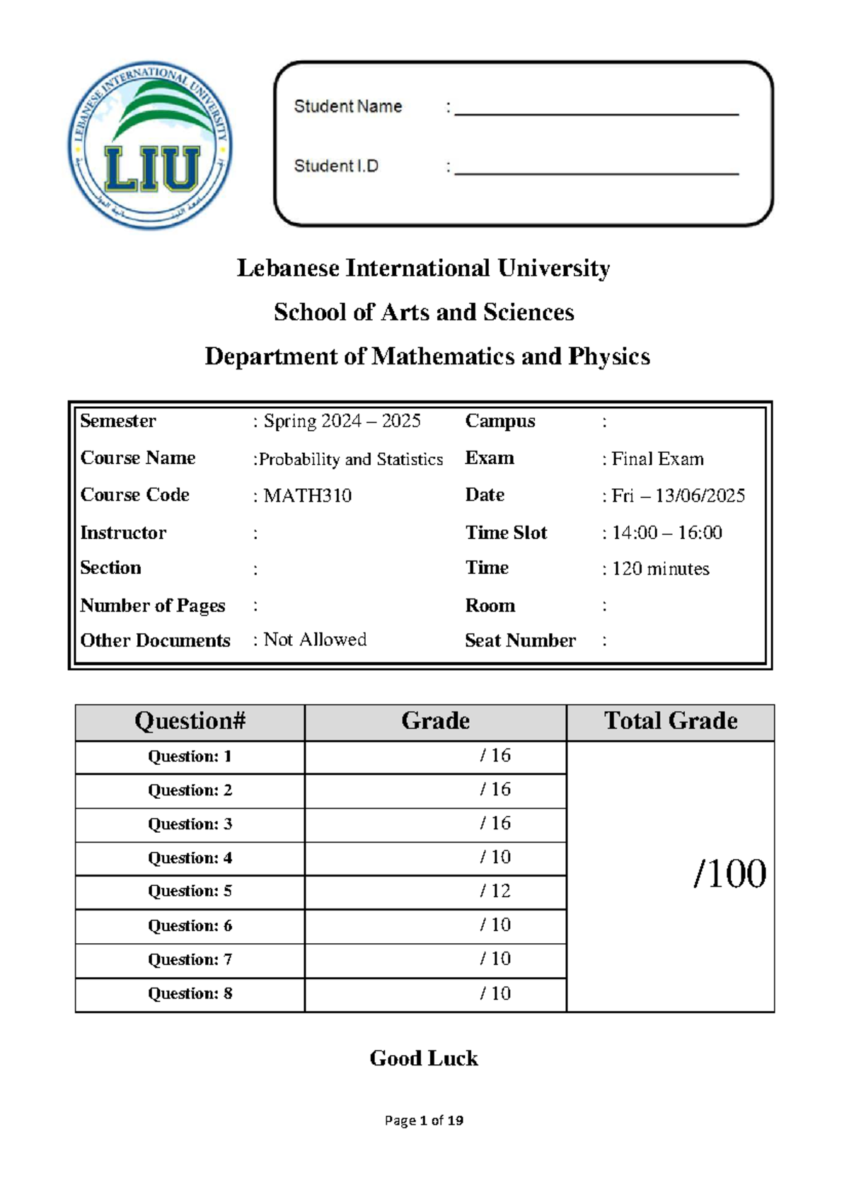 MATH310 Final Exam Study Guide - Spring 2025 - Studocu
