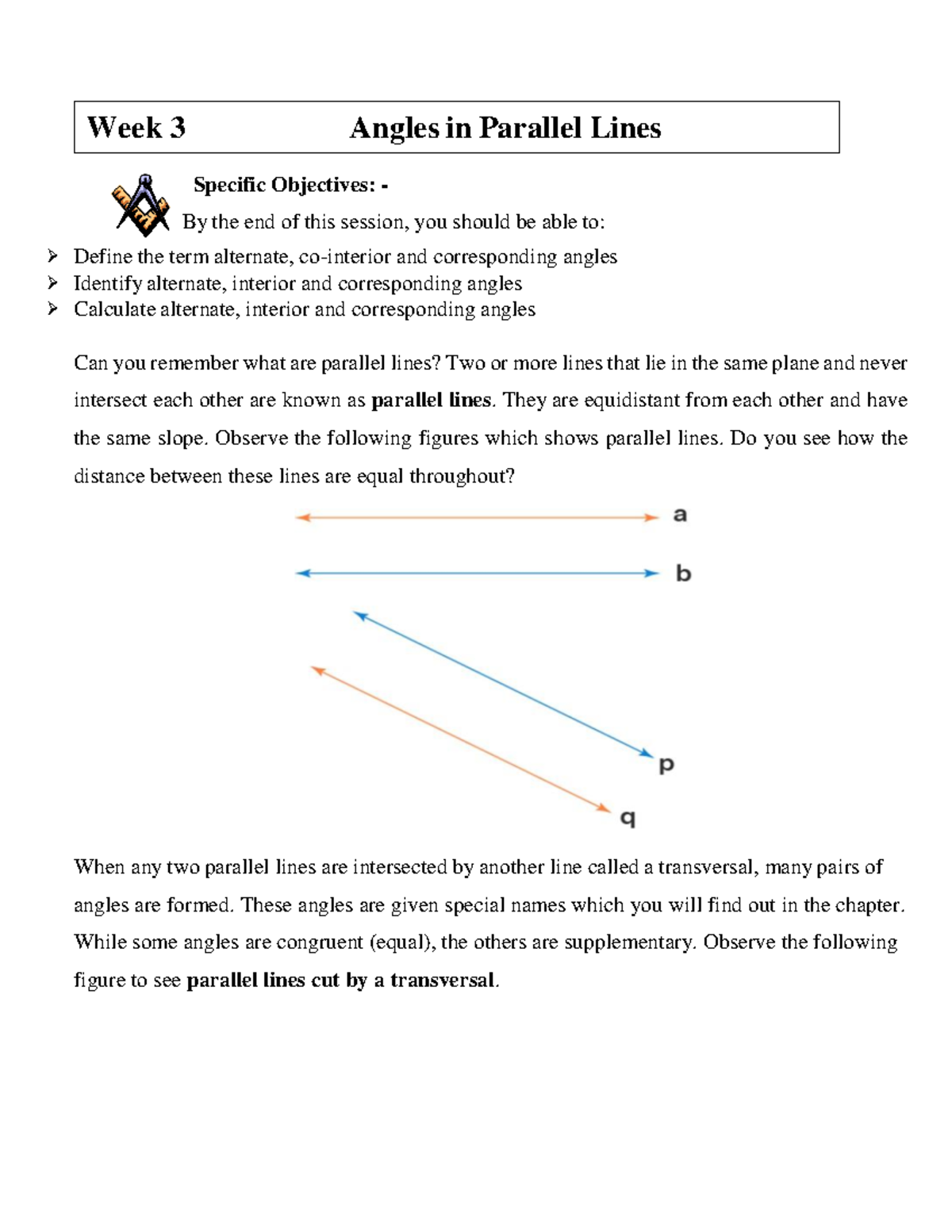 Week 3 Mathematics: Angles in Parallel Lines and Transversals - Studocu