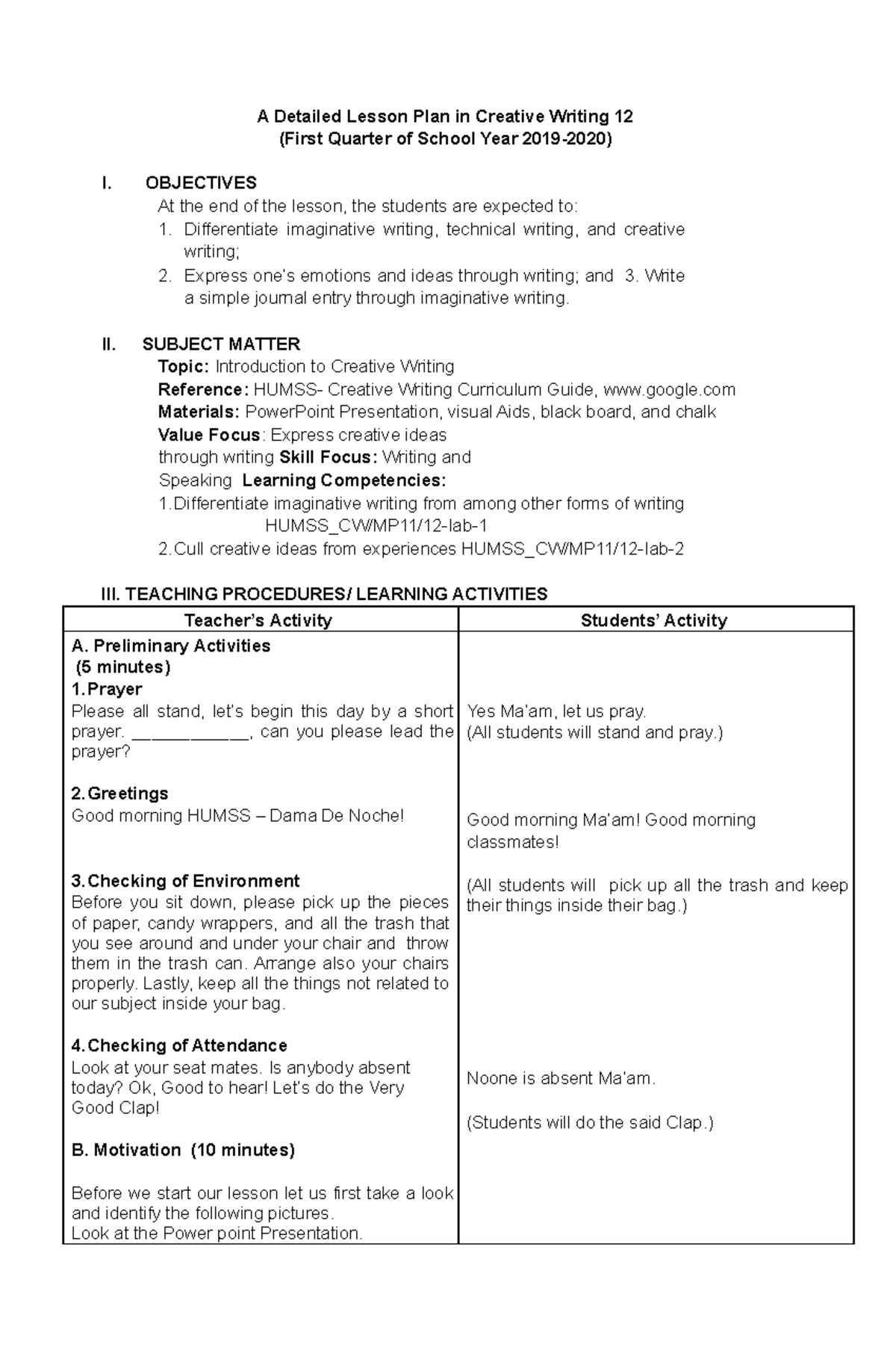 HUMSS-CW 12 - Creative Writing Lesson Plan for First Quarter 2019-2020 ...