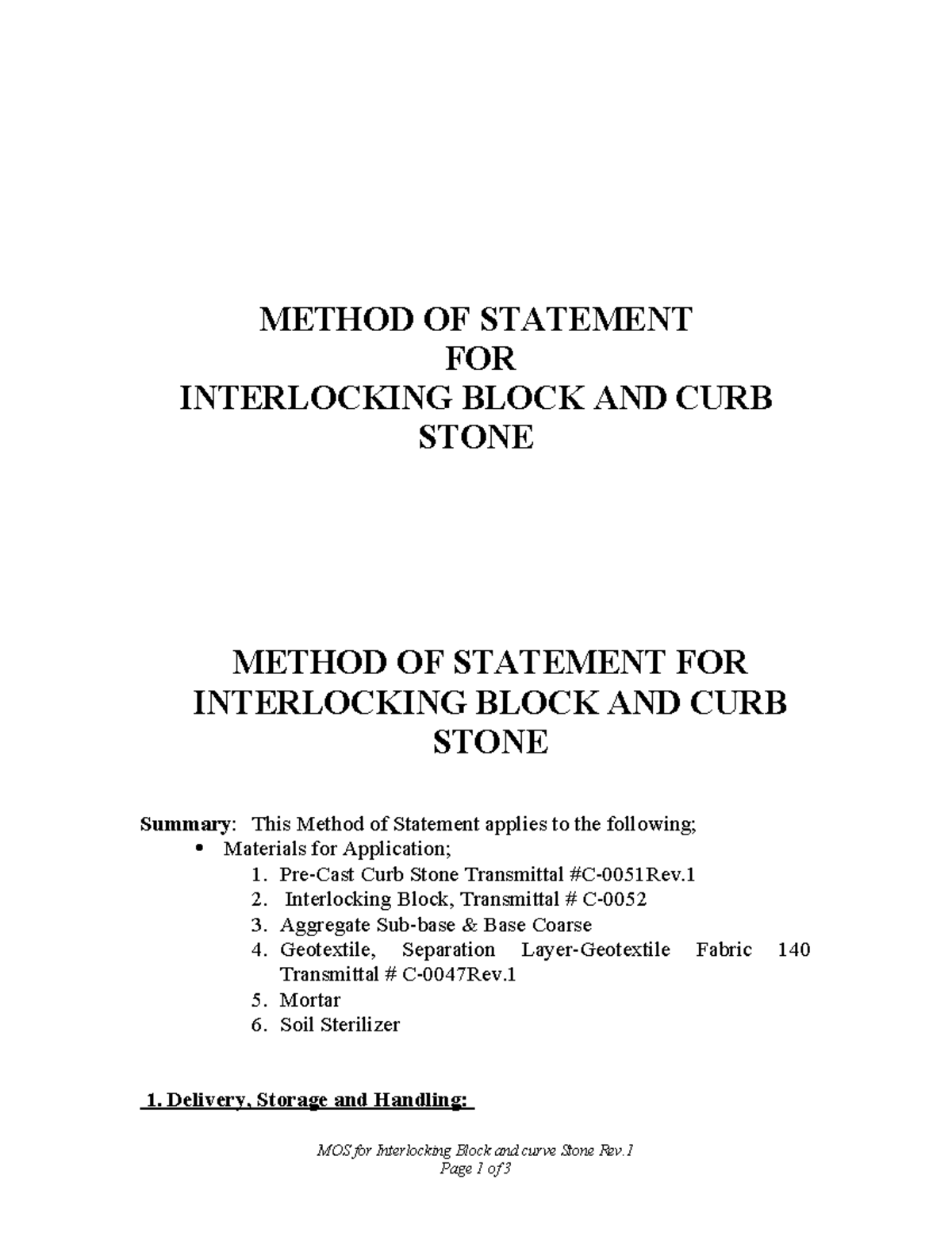 Method Statement for Interlocking Block & Curb Stone Installation - Studocu