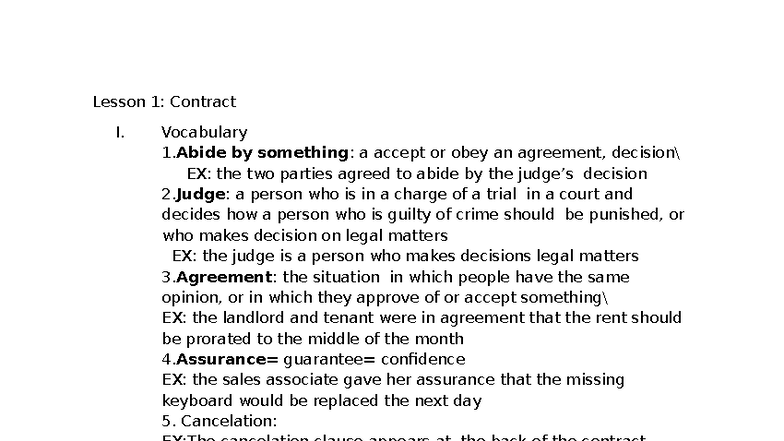 Contract I Vocabulary - Lesson 1: Key Terms and Definitions - Studocu