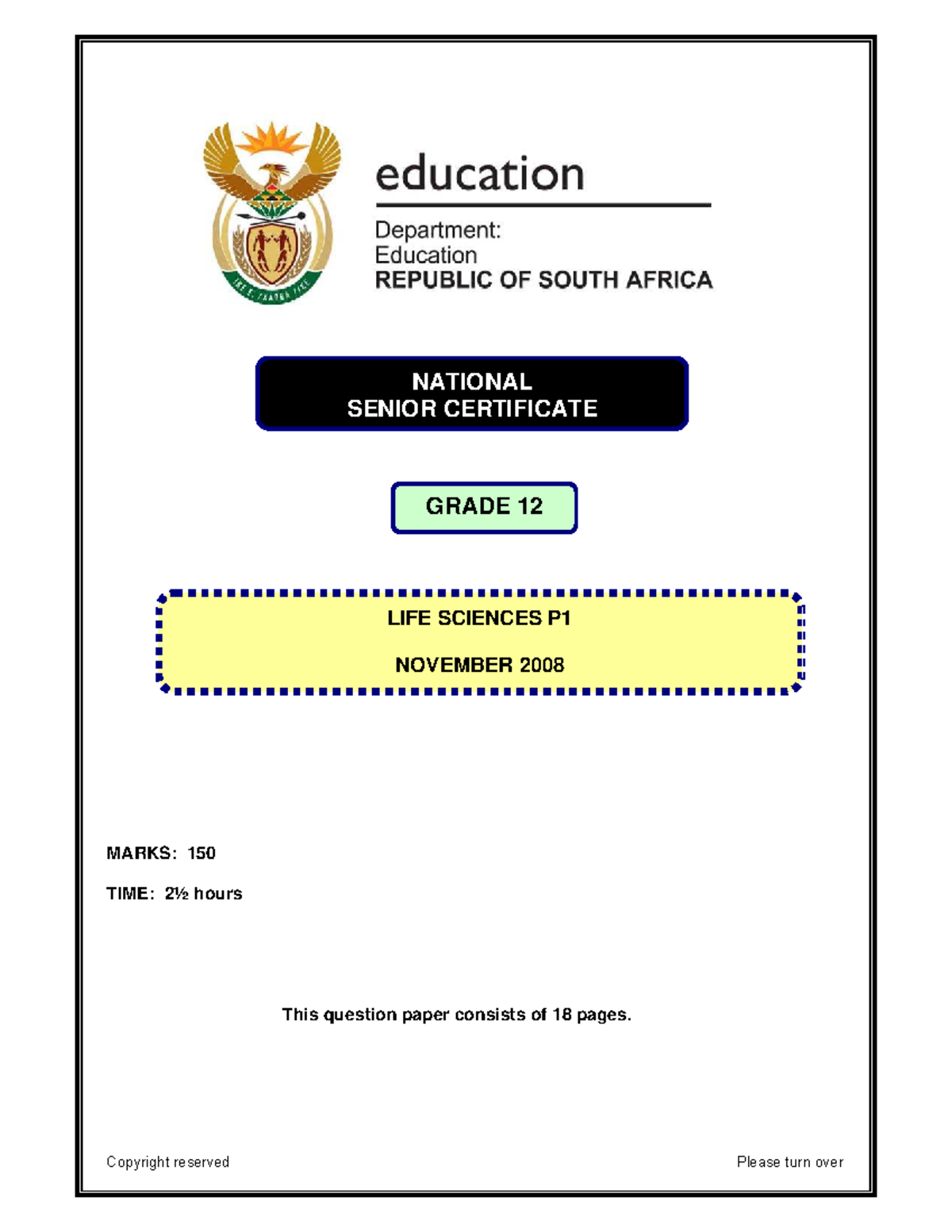 Life Sciences P1 NSC Grade 12 November 2008 Exam Paper - Studocu