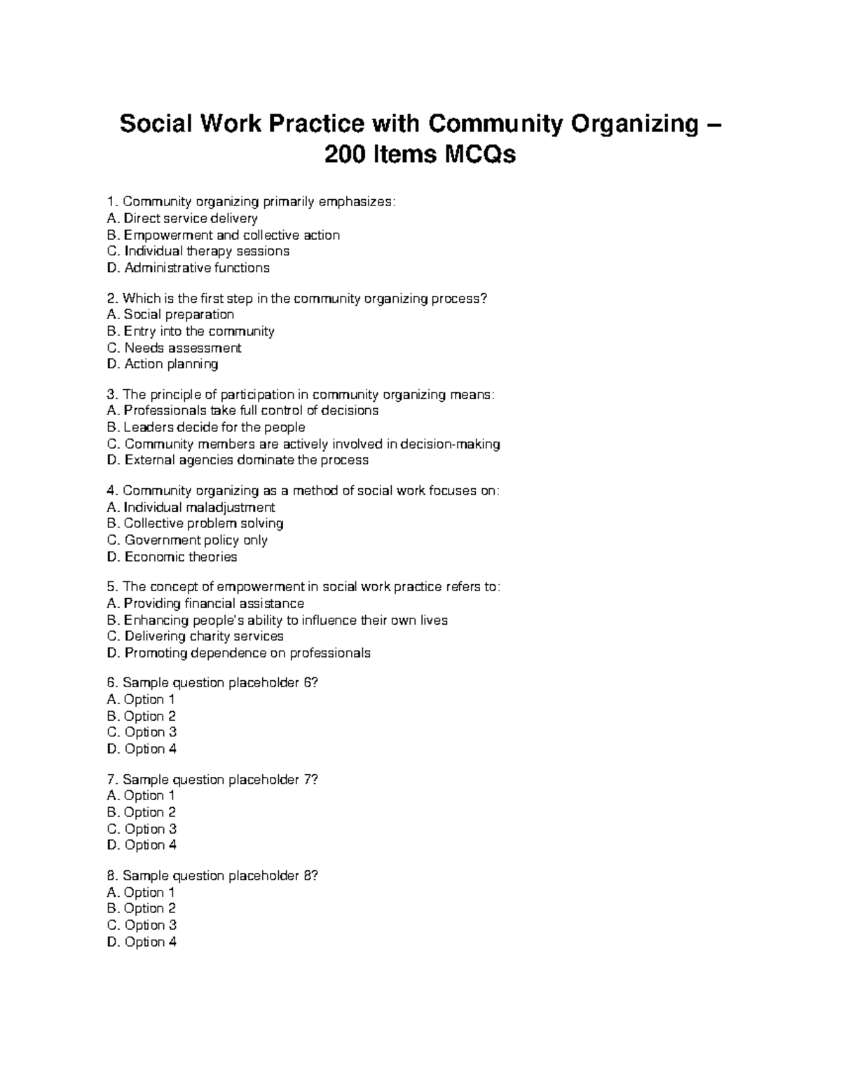 Social Work Practice: Community Organizing 200 MCQs - Studocu